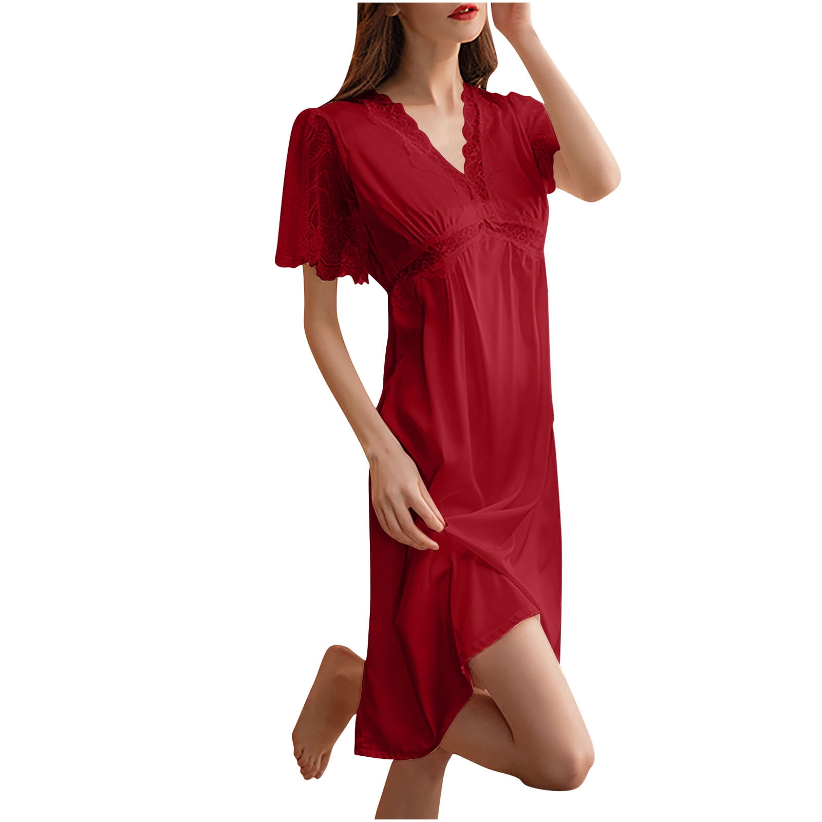 Lenpel Women's Satin Nightgown Sleepwear Lace Mesh Short Sleeve V Neck ...