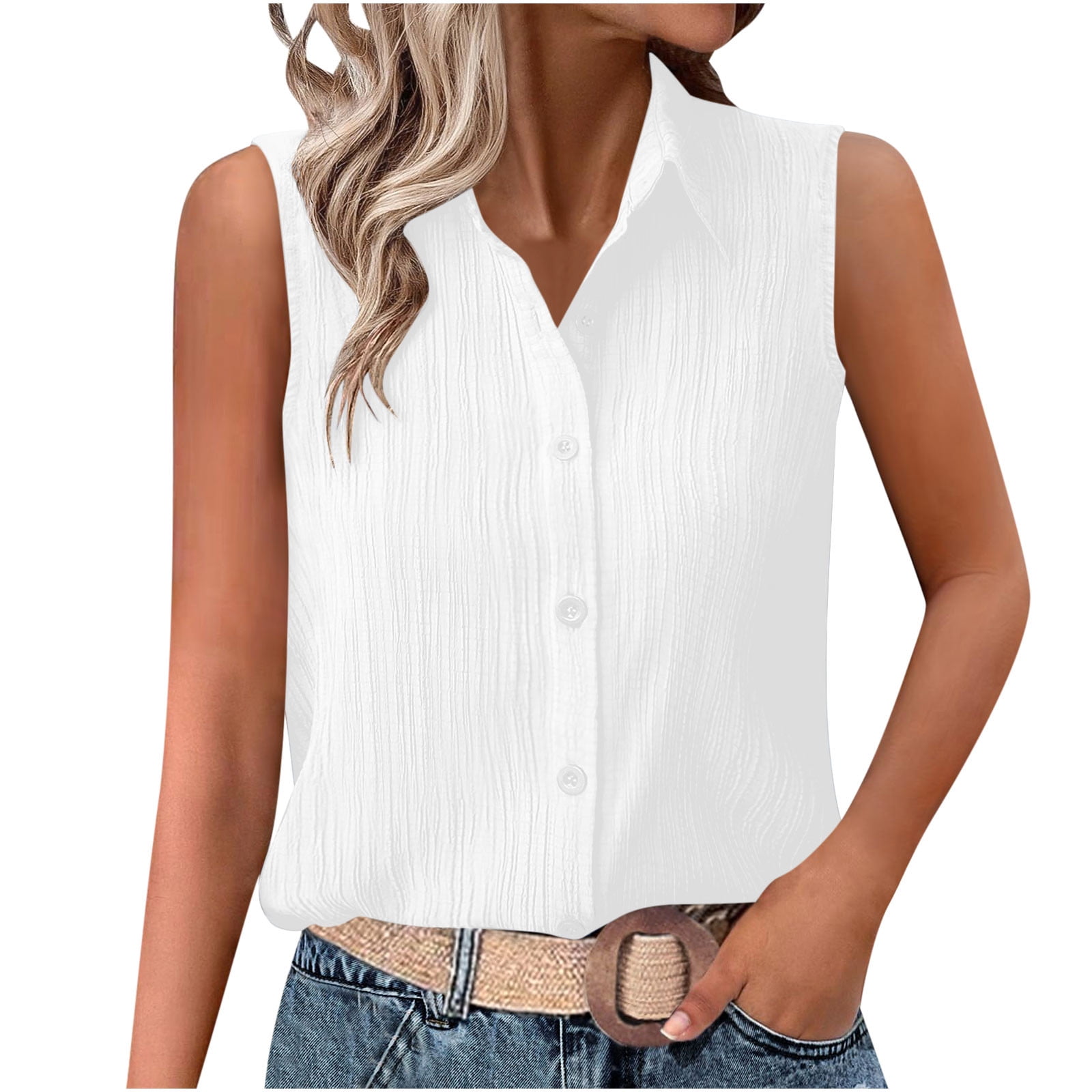 Lenpel Women's Sleeveless Button down Shirts Trendy Summer Solid Color ...