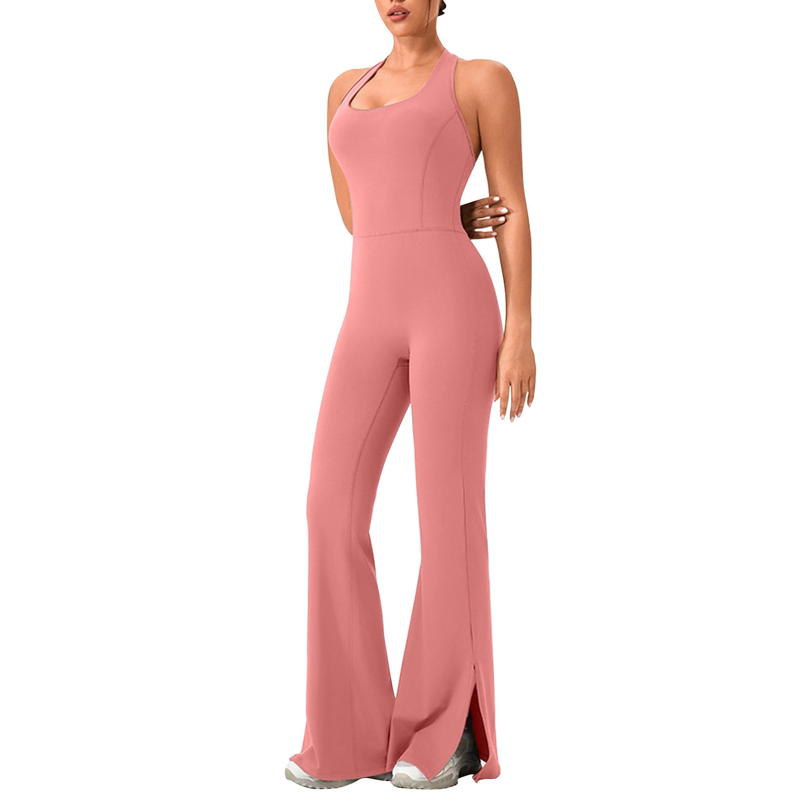 Lenpel Women's Sleeveless Workout Jumpsuits Square Neck Flare Leg Side ...