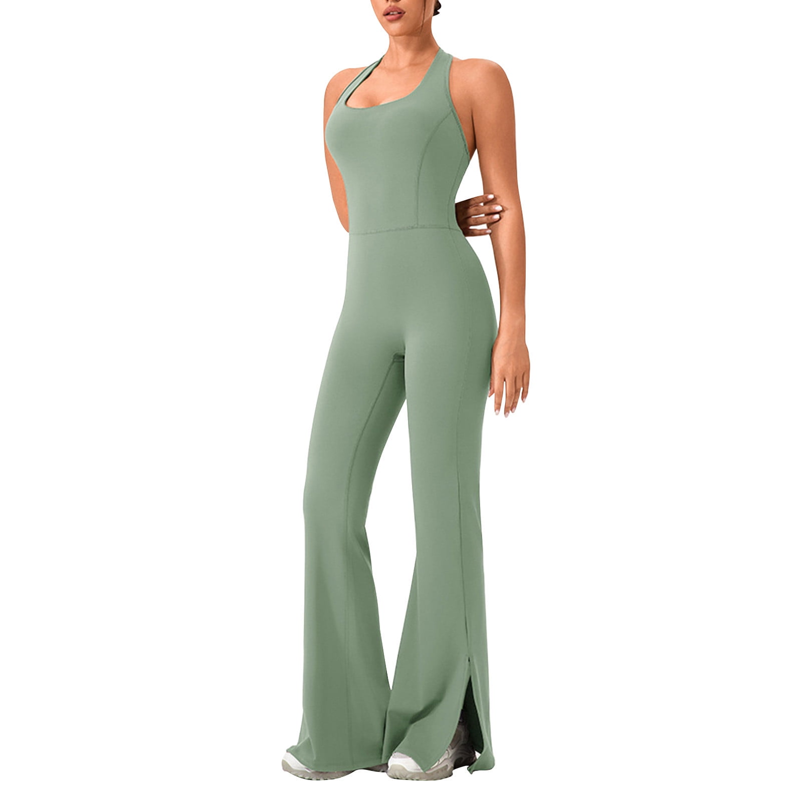Lenpel Women's Sleeveless Workout Jumpsuits Square Neck Flare Leg Side ...