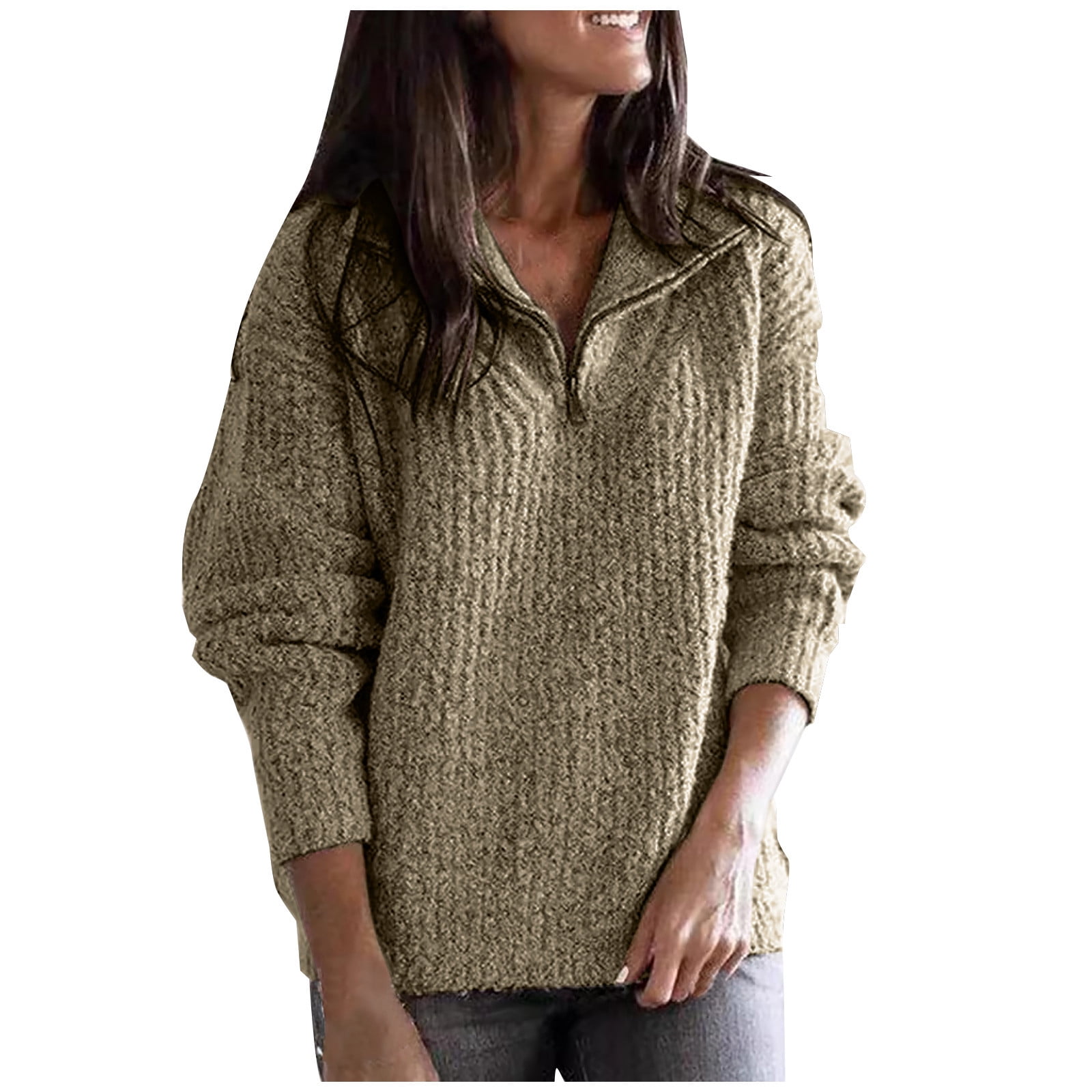 Lenpel Women's Sweaters Soft Warm Quarter Zip Long Sleeve Ribbed ...
