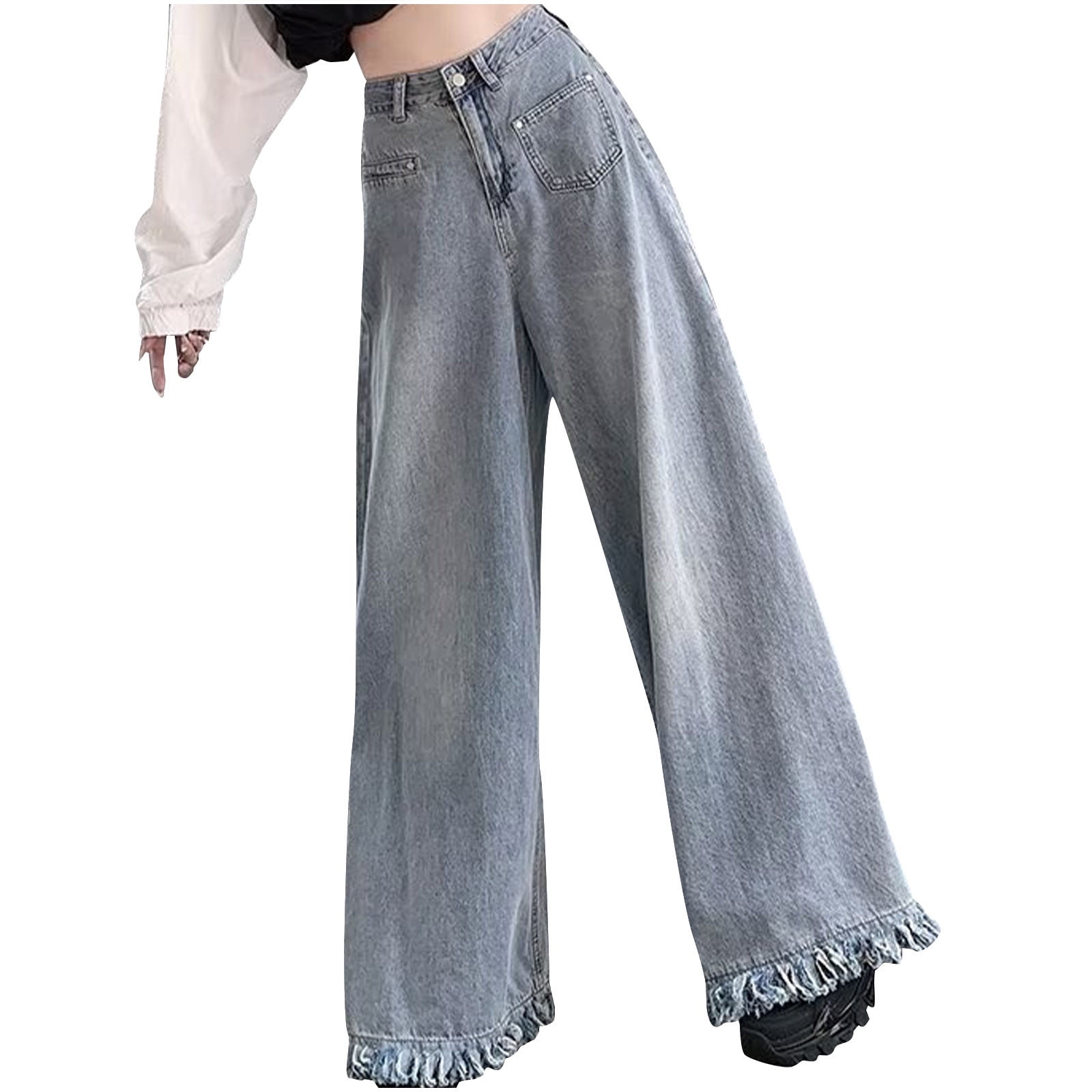 Lenpel Women's Wide Leg Jeans Baggy Casual High Waisted Flayed Hem ...