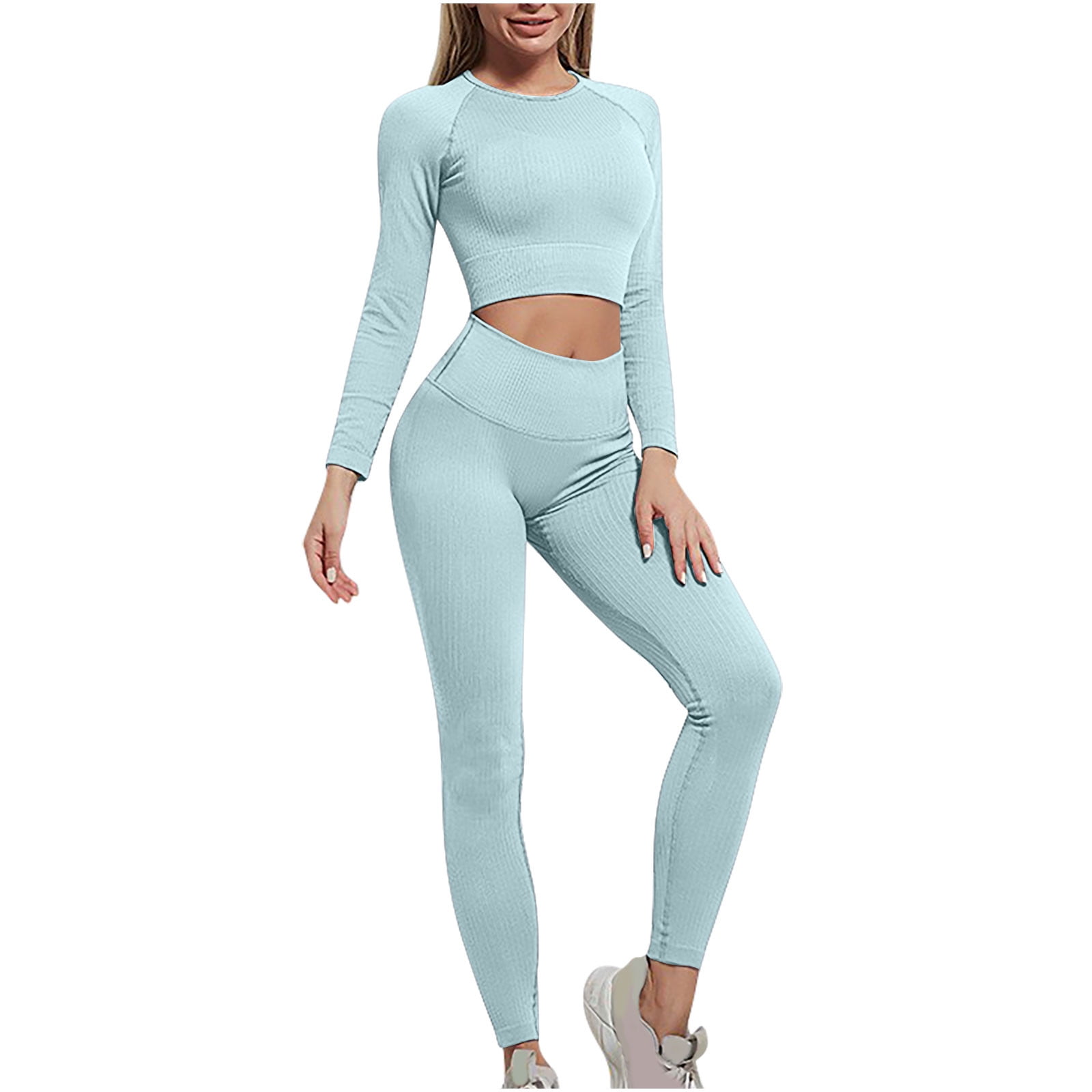 Lenpel Workout Sets For Women 2 Piece Long Sleeve Crew Neck Crop Slim