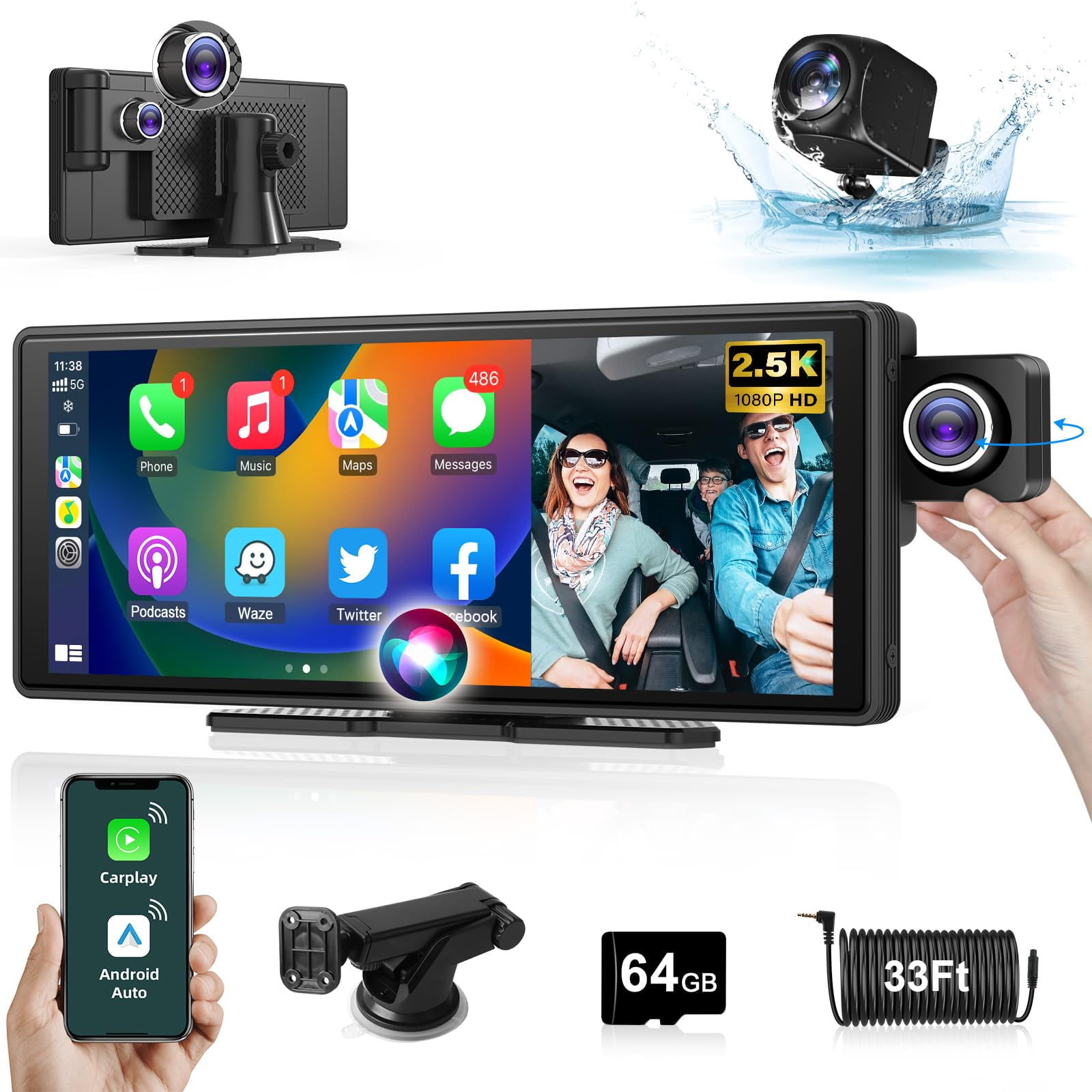 【Lens Flip】 10.26''Wireless CarPlay Screen for Car 2.5K Dash Cam with Backup Camera Portable ...