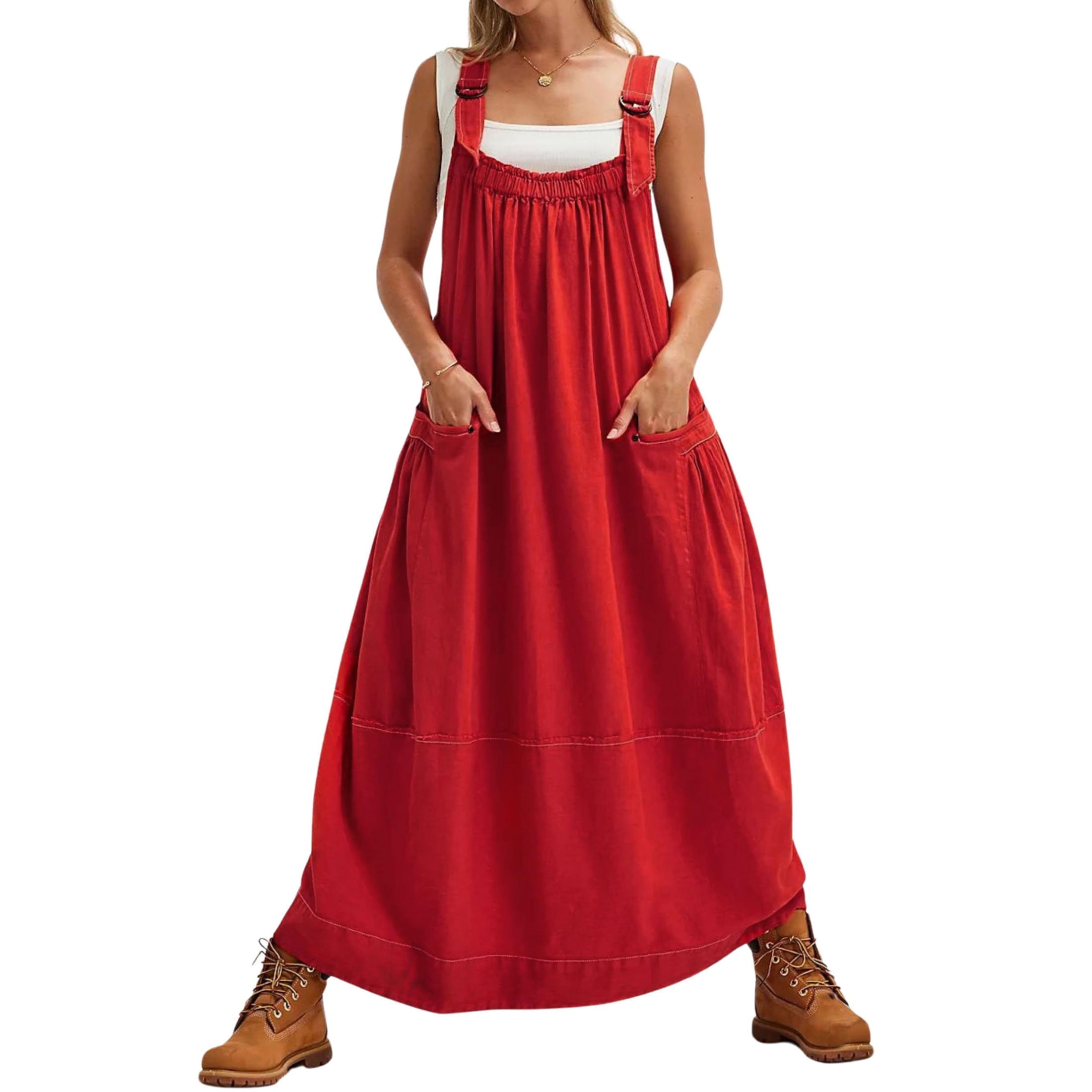 Lentta Women's Barrel Midi Dress Loose Adjutable Strap Big Pockets Maxi ...