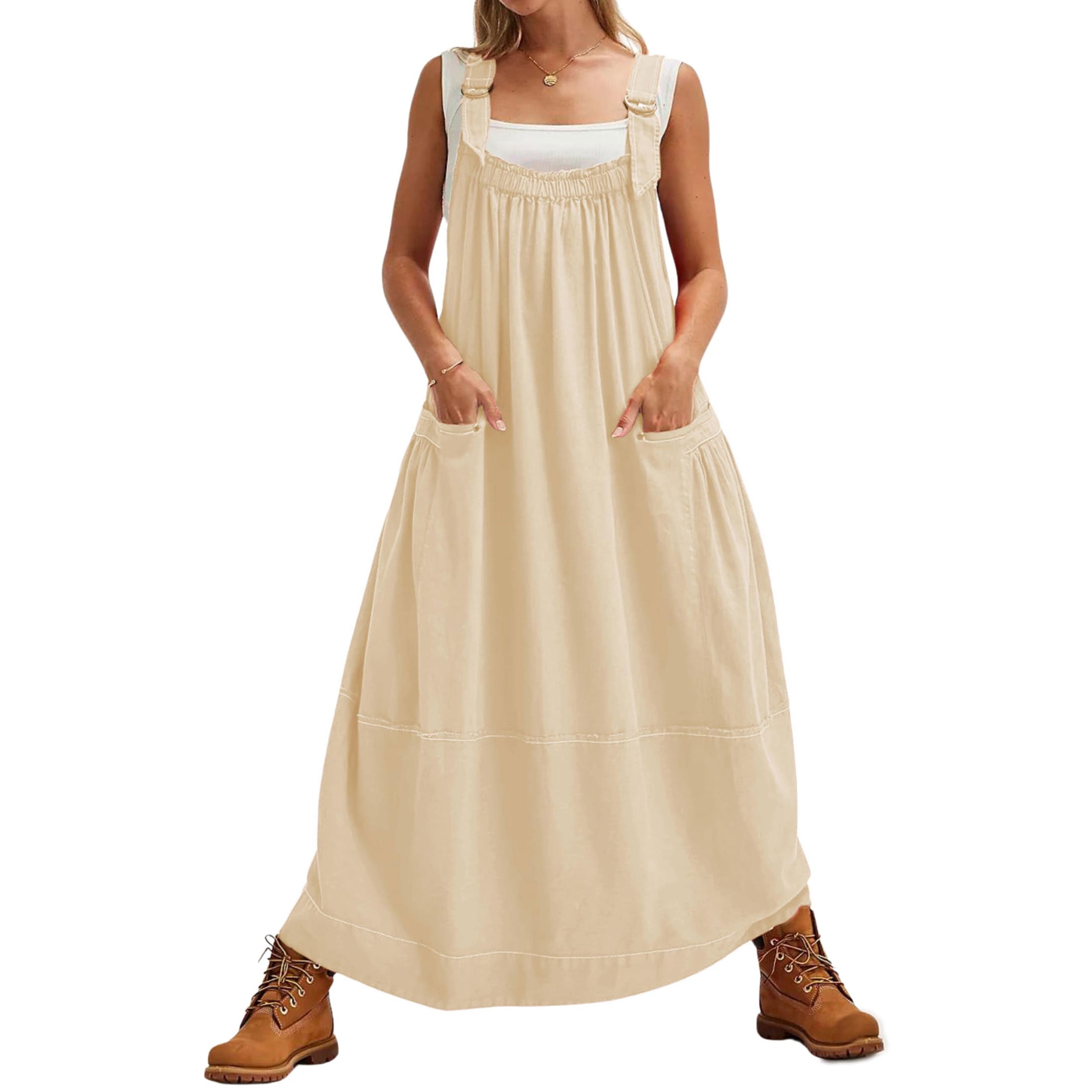 Lentta Women's Barrel Midi Dress Loose Adjutable Strap Big Pockets Maxi ...