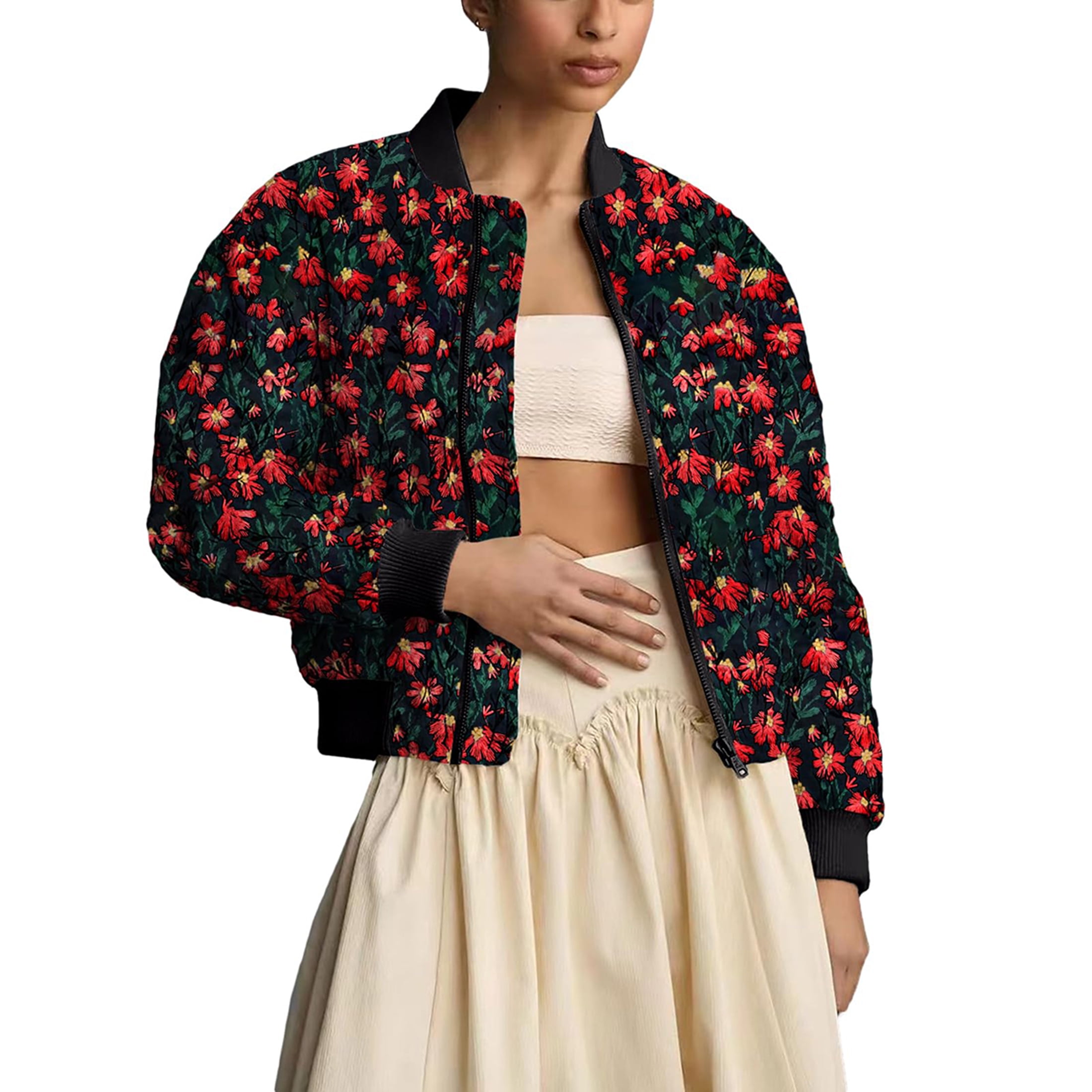 Lentta Women's Embroidered Daisy Cropped Bomber Jacket Quilted Puffer ...