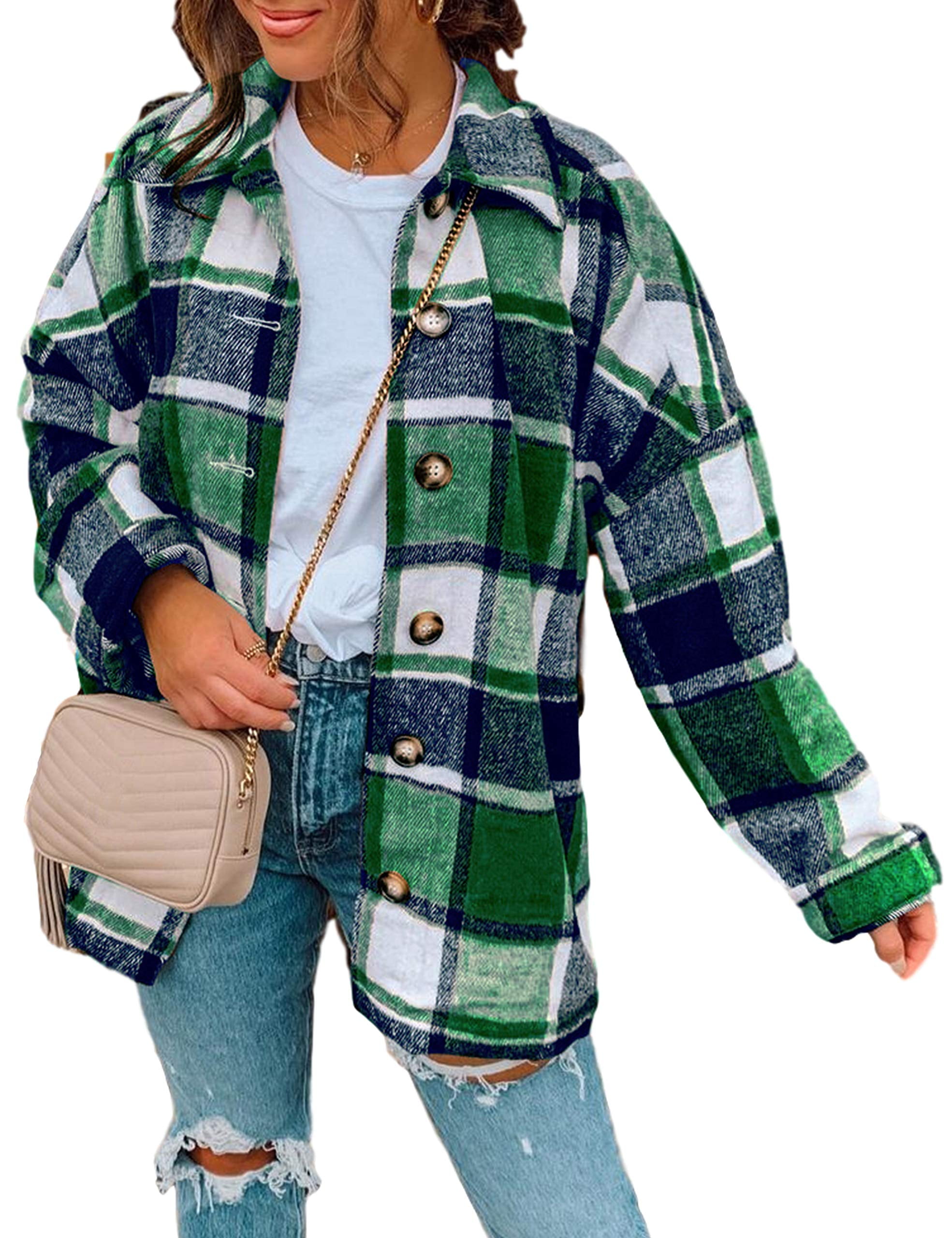 Lentta Women's Fall Color Block Plaid Flannel Shacket Jacket Button ...