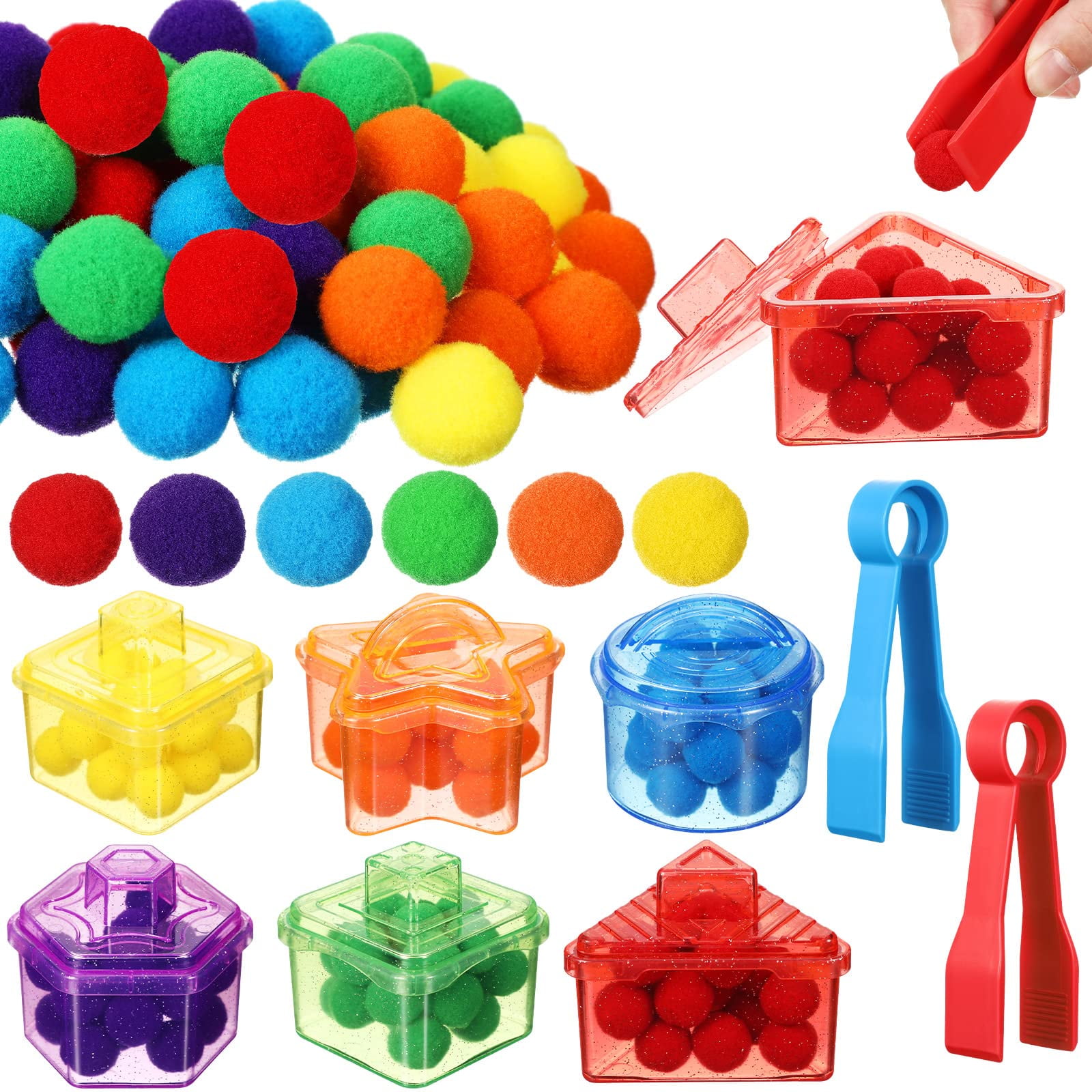 Lenwen 128 Pcs Fine STF9 Motor Skills Toys Sensory Include 120 Pom Pom Balls 6 Sorting ...