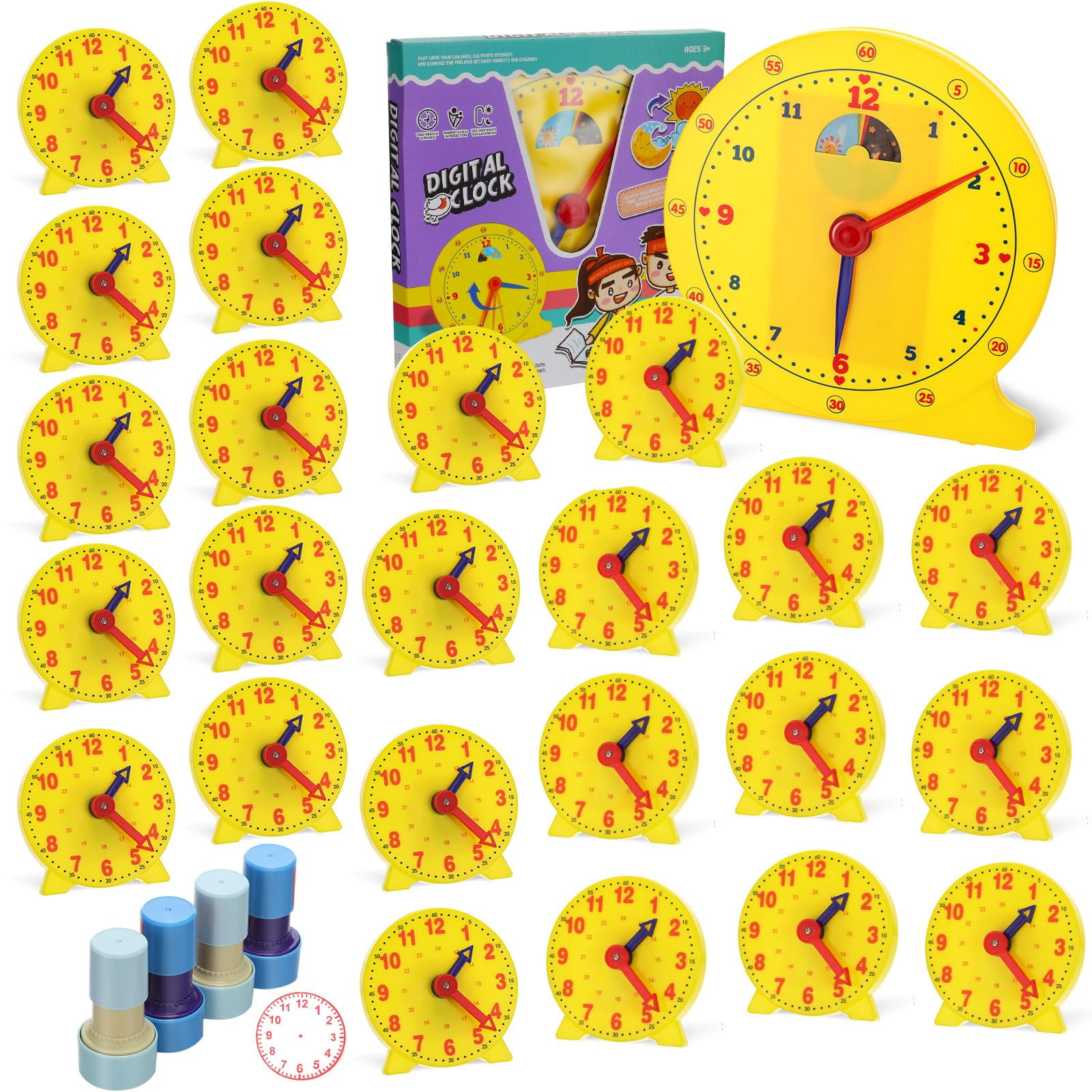 Lenwen 30 Pcs Classroom MMF7 Clock Kit 24 Hours Learn to Tell Time ...