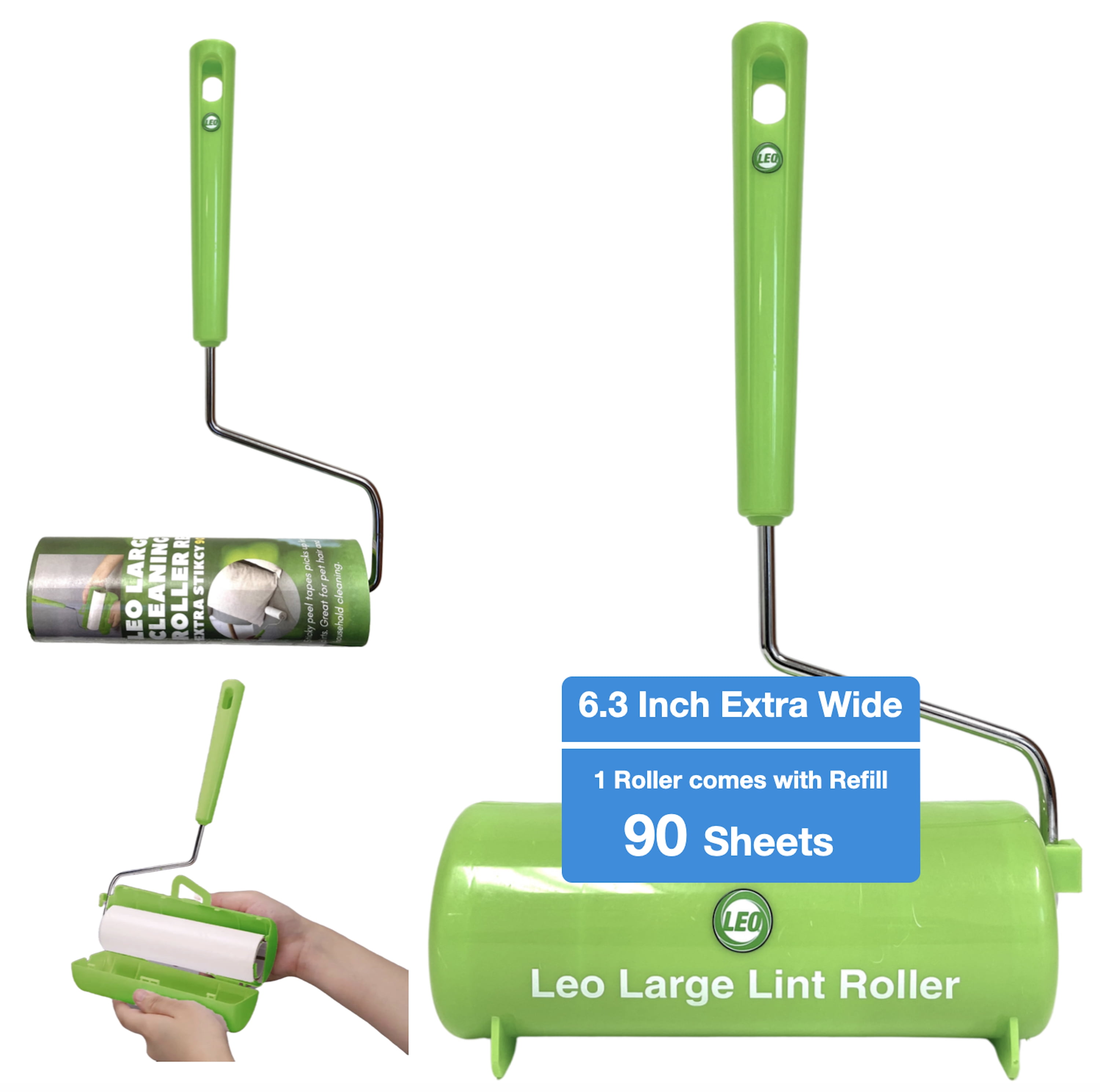 Leo 6.3-Inch Wide Lint Roller with Super Sticky Surface & Ergo Handle ...