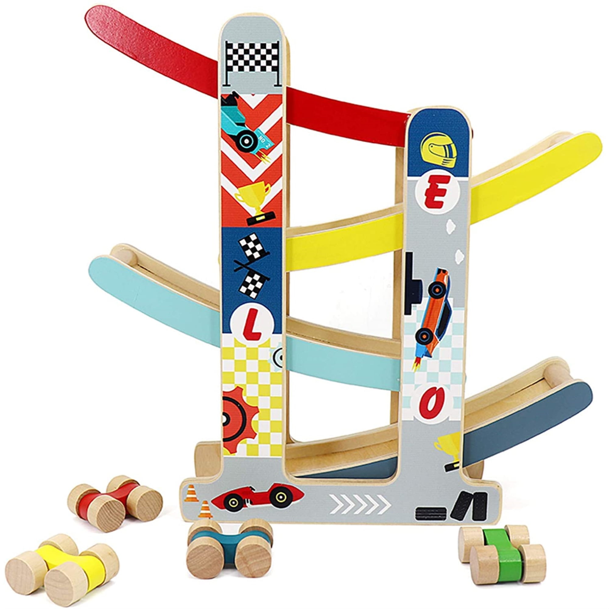 Leo & Friends Play Vehicles Wooden Ramp Racer Track - 4 Race Cars ...