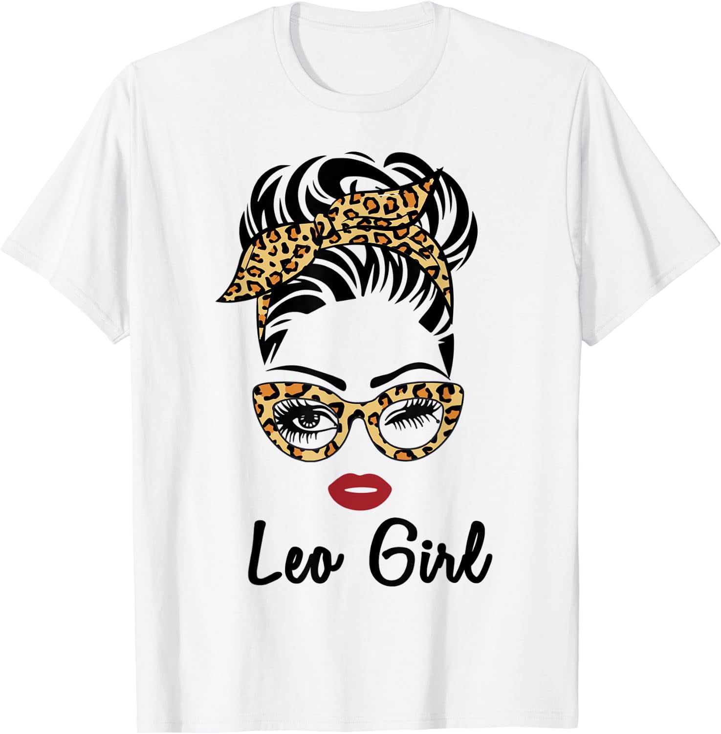 Leo Girl Woman Face Leopard Bandana Wink Eye - July girls T-Shirt White ...