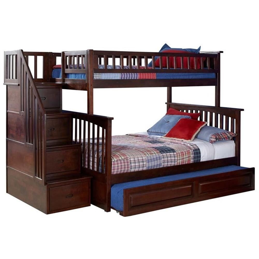 Leo & Lacey Wooden Twin Over Full Staircase Trundle Bunk Bed Walnut ...