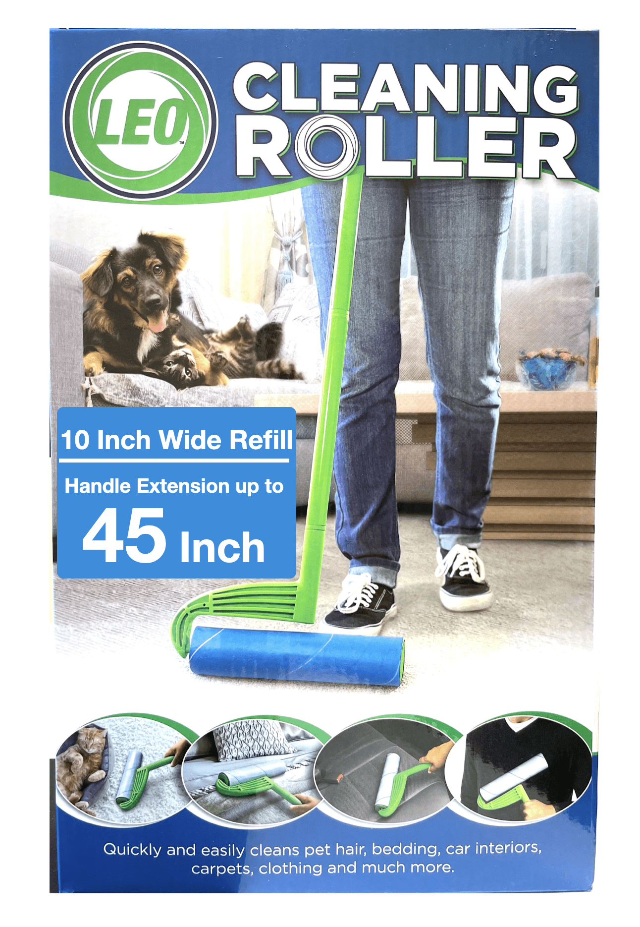 Leo Large 10-Inch Wide Refillable Lint Roller with Extendable Handle to 45 Inches for Pet Hair ...