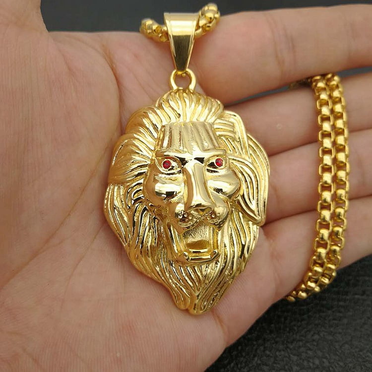 Leo Lion red eyes King Head Face Pendant 14K Yellow Gold HipHop ...