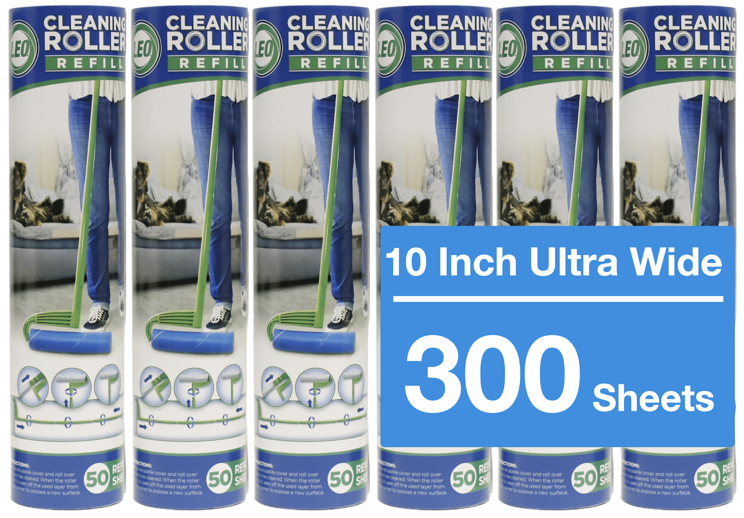Leo MegaClean 10-Inch Wide Lint Roller Refills 6 Rolls 300 Ultra-Wide ...