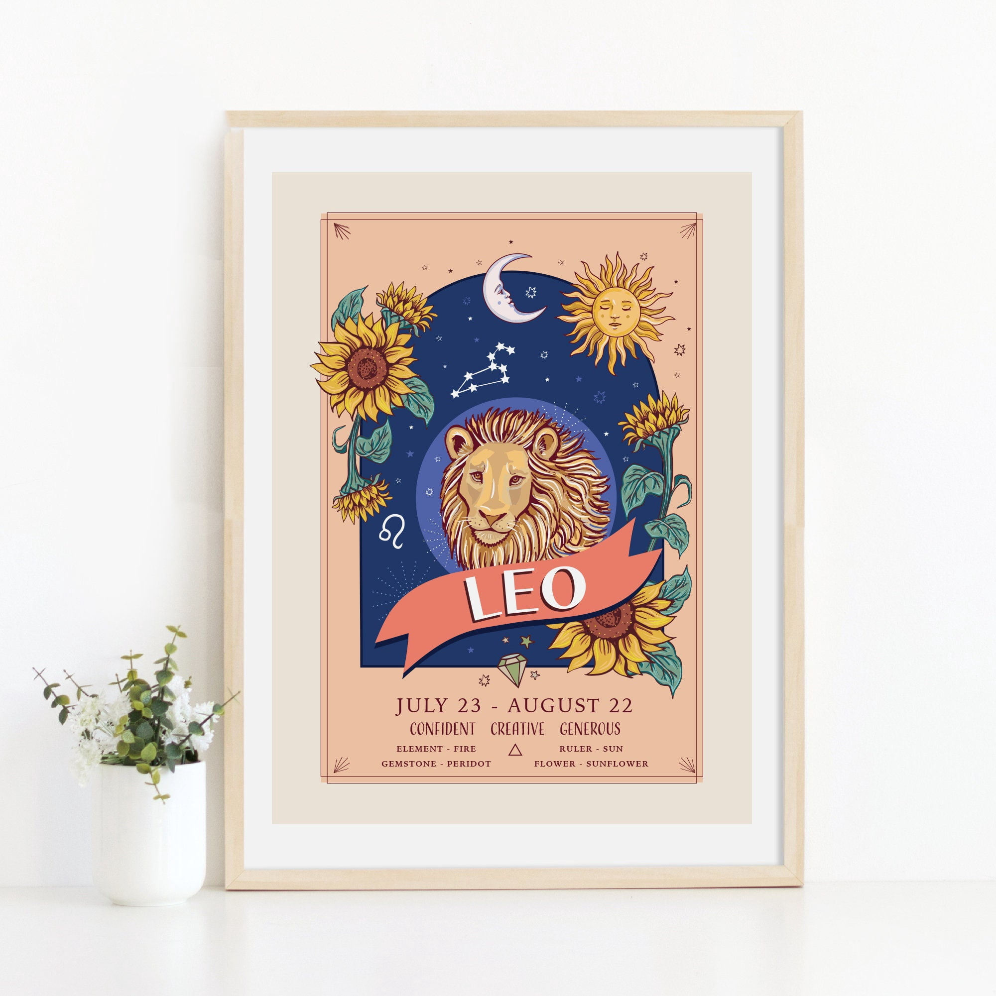 Leo Wall Art Print, Zodiac Sign and Flowers Illustration Print,Painting ...