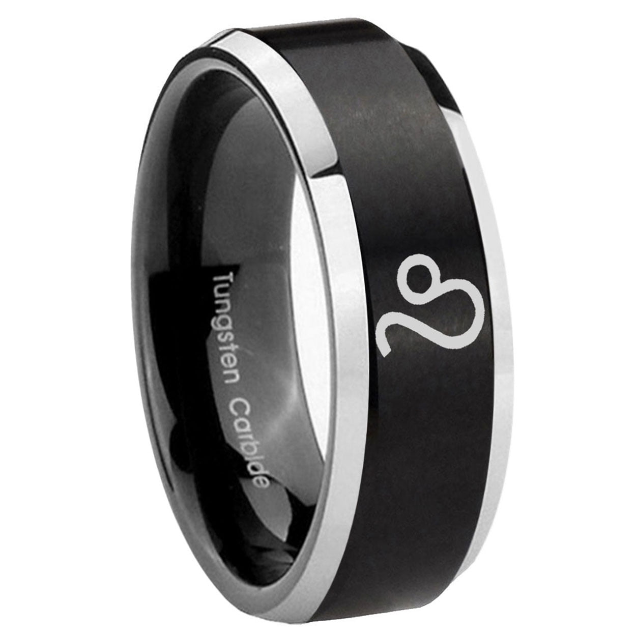 Leo Zodiac Beveled Edge Brush Black 2 Tone Tungsten Men Ring 10MM ...