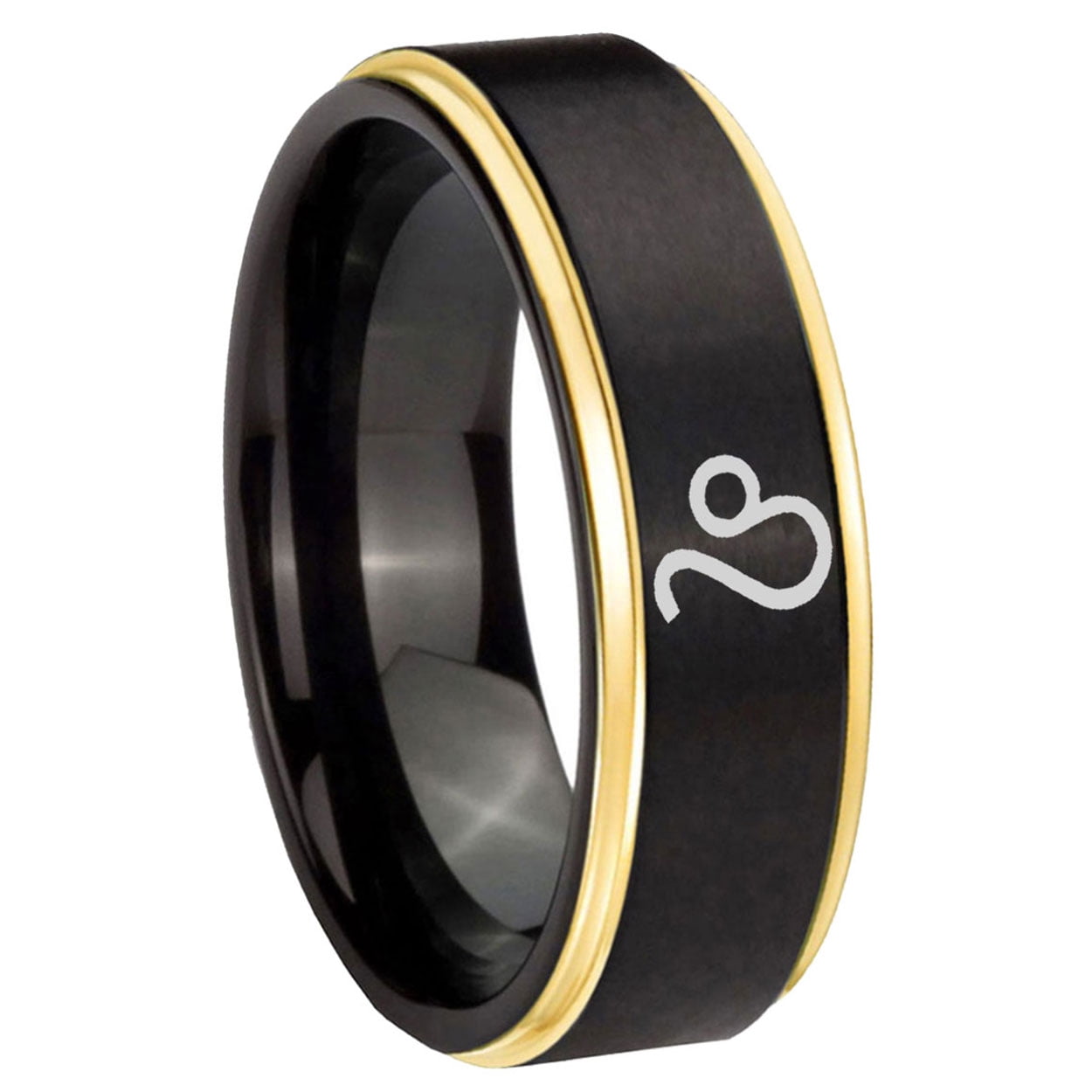 Leo Zodiac Step Edge Black And Gold Tungsten Promised Ring 10MM ...