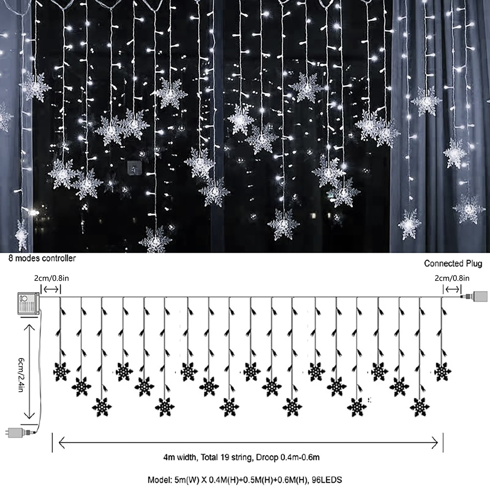 Leodye 13ft/4M 96 LED Snowflake Curtain String Lights Plug-in Memory ...