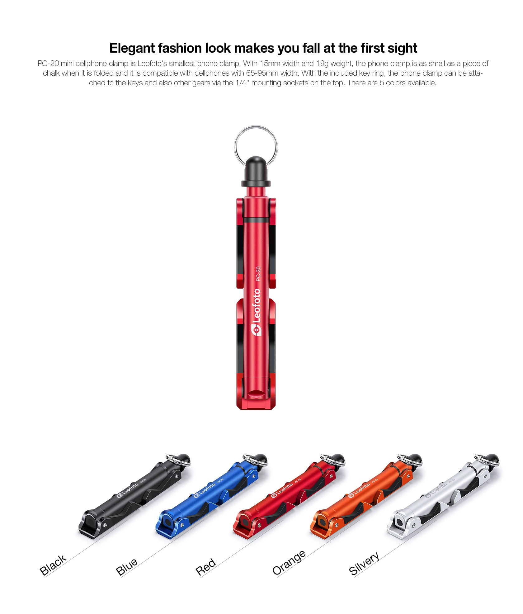 Leofoto PC-20 Mobile Phone Stand with 1/4" Mounting / Arca Compatible (Black/Blue/Red/Orange ...