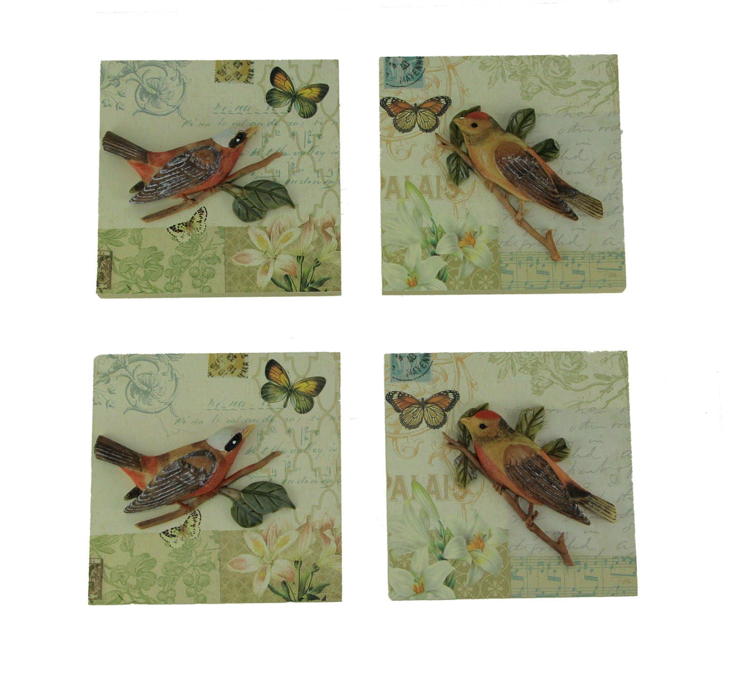 Leon Korol Colorful 3D Birds On Branches Polyresin Wall Decor Set of 4 ...
