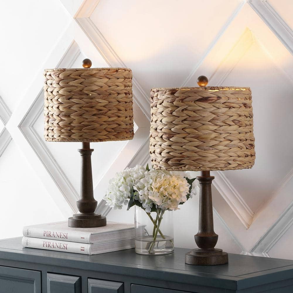 Leona 21.25 in. Brown Wood Finish Rustic Handwoven LED Table Lamp Set ...