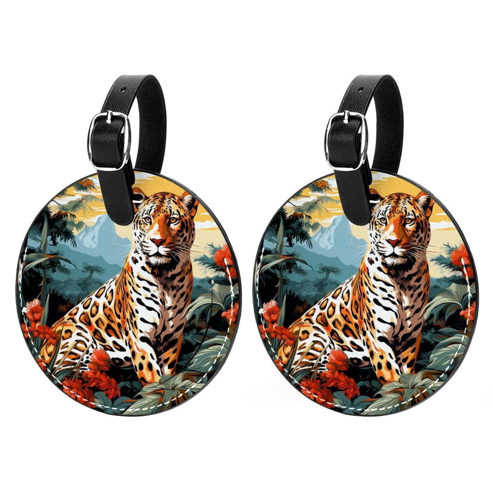 Leopard 2Pcs PU Leather Round Luggage Tags with Privacy Cover and Name ...