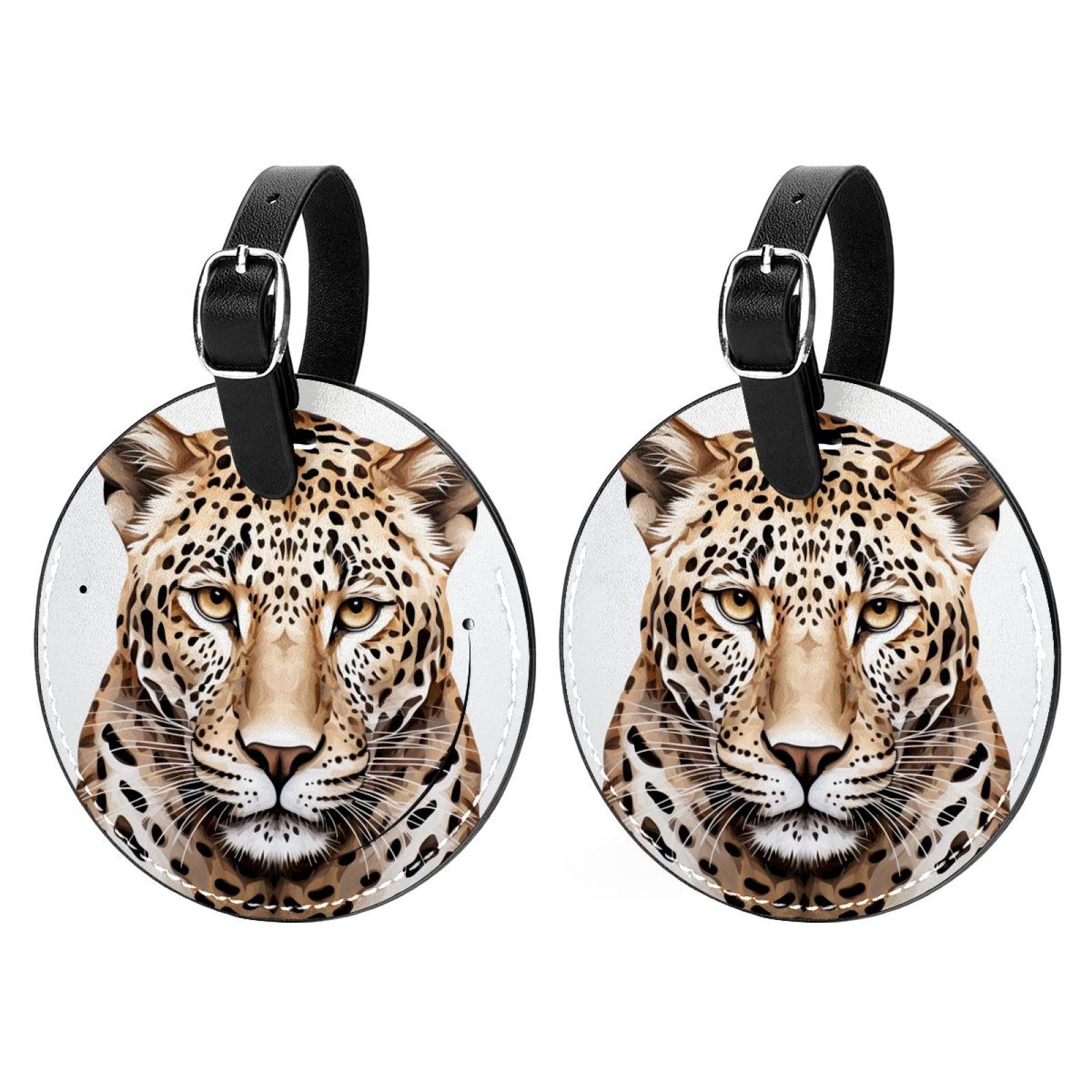 Leopard 2Pcs PU Leather Round Luggage Tags with Privacy Cover and Name ...