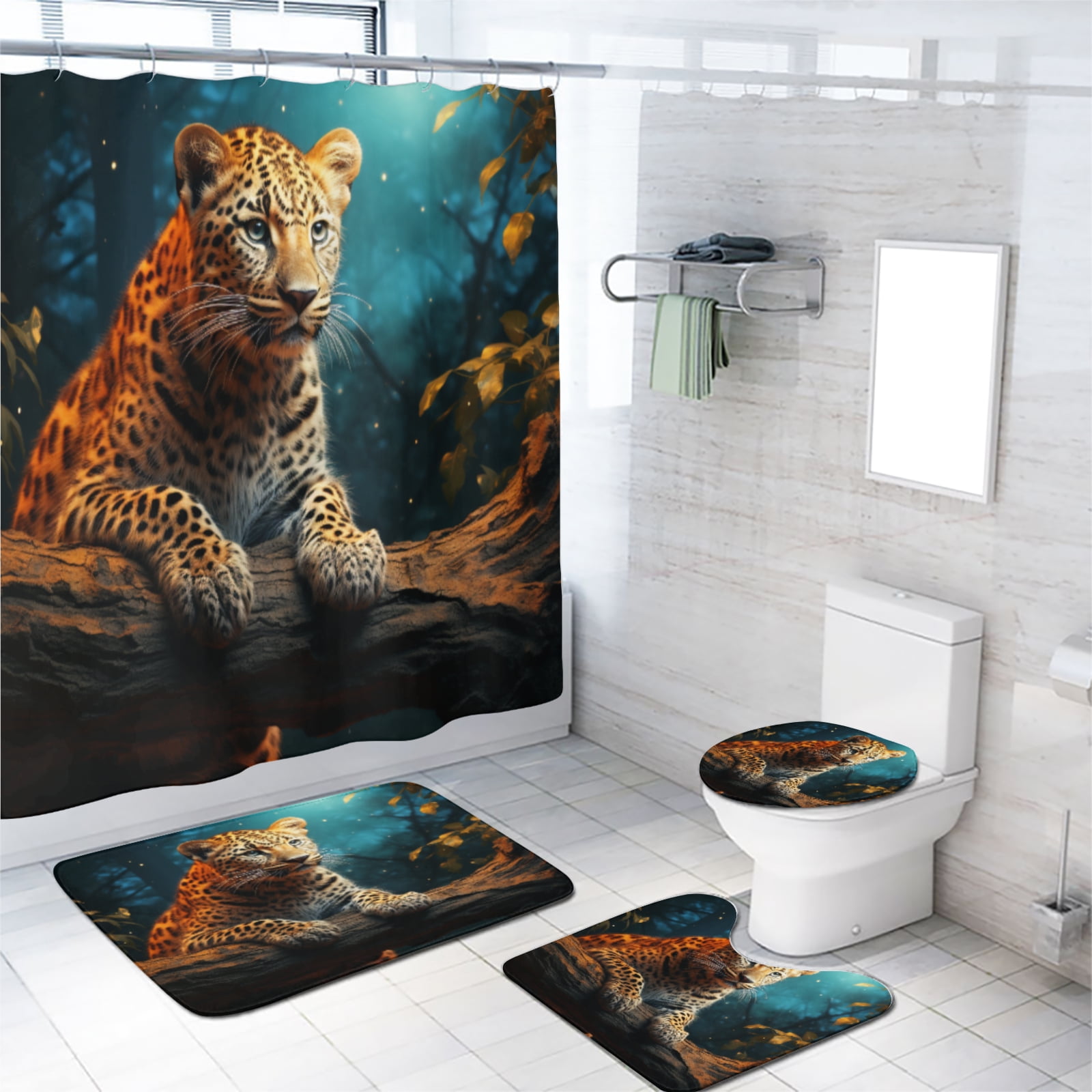 Leopard 4 Pcs Shower Curtain Set African Wildlife Safari Tropical ...