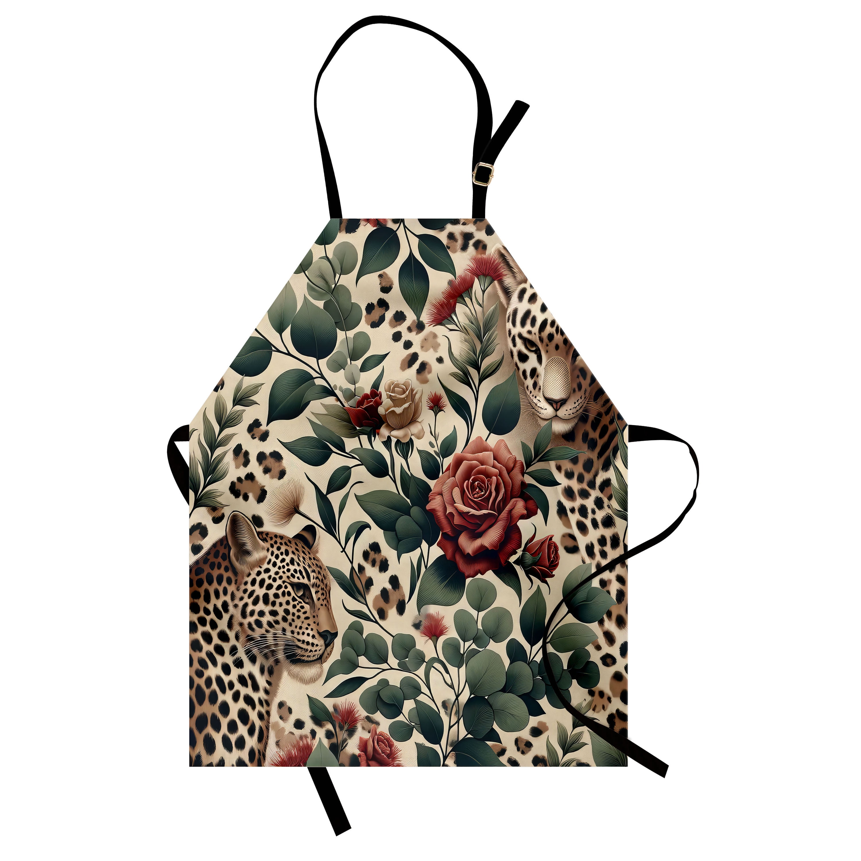 Leopard Apron, Roses Leafy Branches and Wild Cats on Ivory Backdrop ...