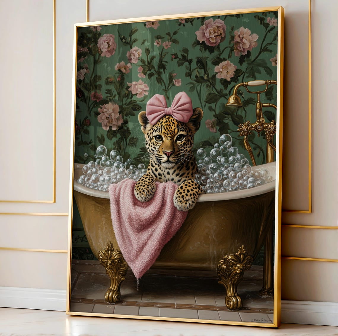 Leopard In Bathtub Wall Art, Big Cat Taking A Bubble Bath In Tub ...