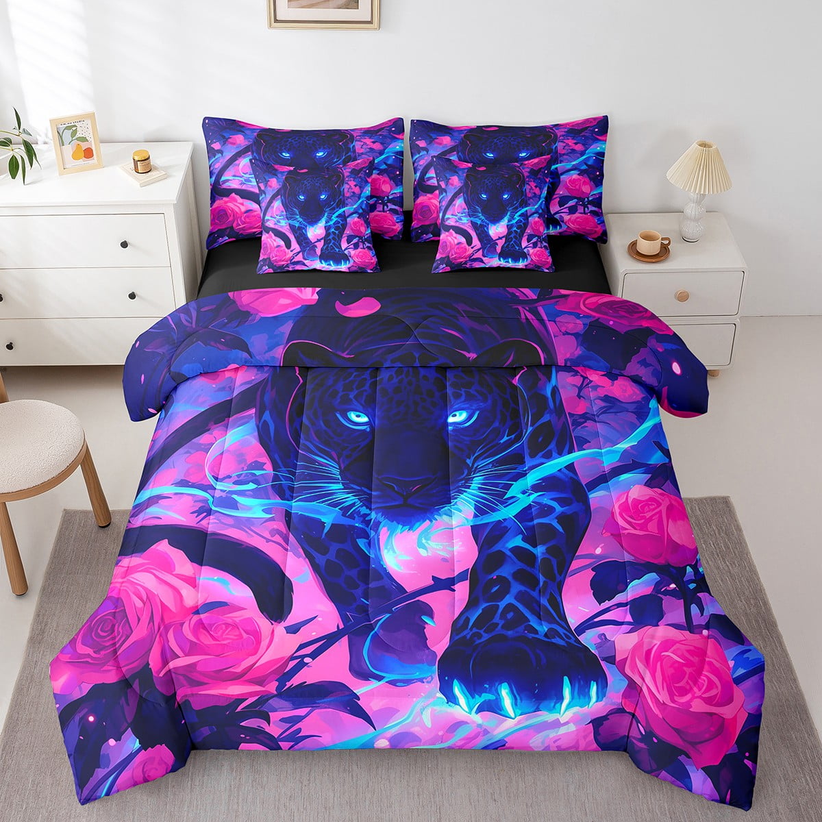 Leopard Bed in a Bag Queen Comforter Set 7 Piece,Pink Rose Flowers ...
