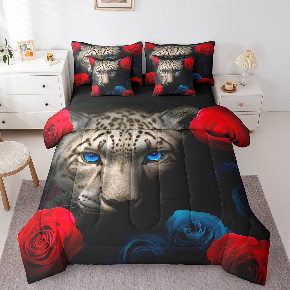 Leopard Bed in a Bag Queen Comforter Set 7 Piece,Red Rose Bedding Sets ...