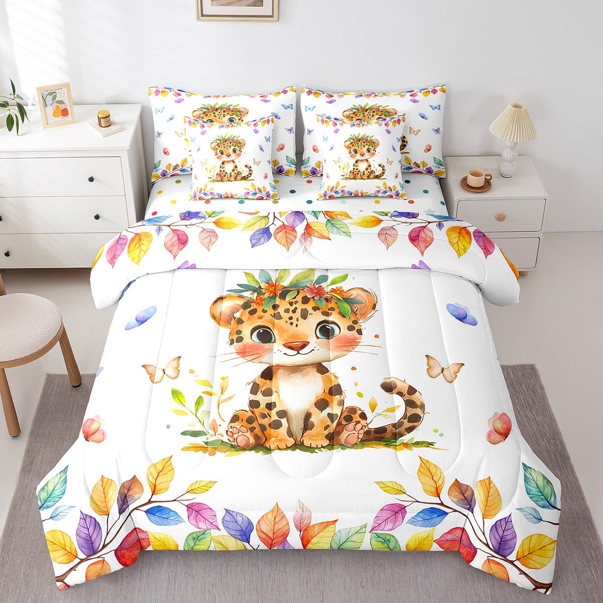 Leopard Bedding Comforter Sets 7pcs Watercolor Animals Cheetah Twin ...