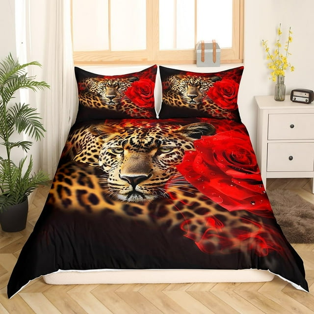 Leopard Bedding Set for Girls Boys Children Red Rose Comforter Cover ...