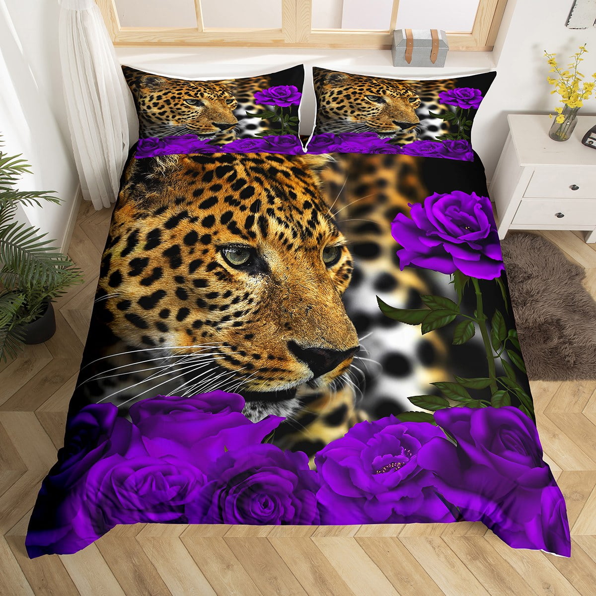 Leopard Bedding Set Purple Rose Comforter Cover for Men Women,Cheetah ...