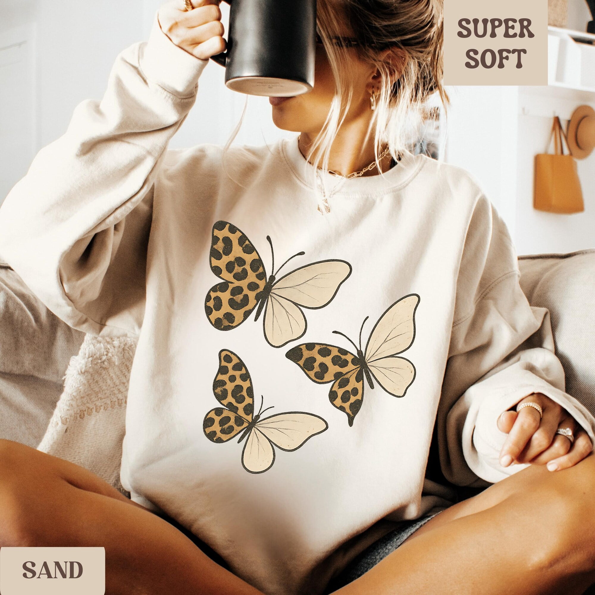Leopard Butterfly TShirt Fall Aesthetic Crewneck Cozy Neutral Pullover ...