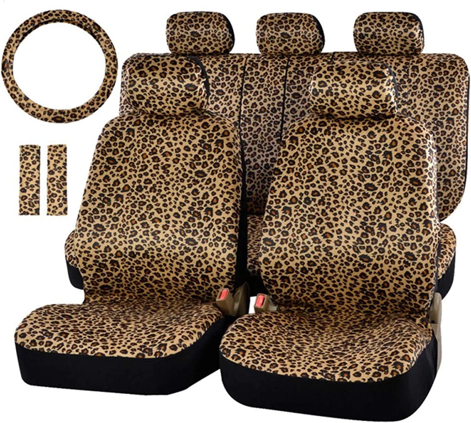 Leopard Car Seat Covers Full Set with Steering Wheel Cover 2 Belt Pads ...