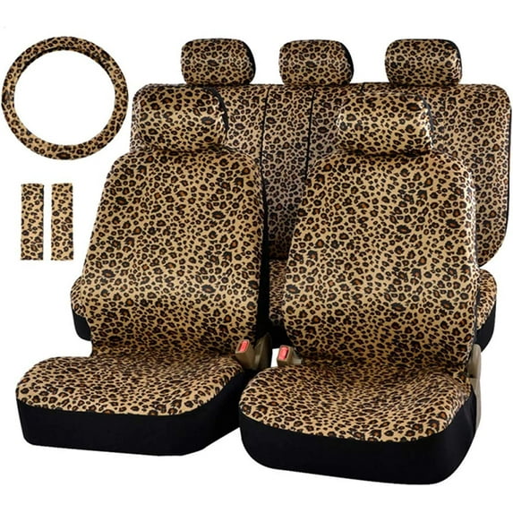 Leopard Car Seat Covers Full Set with Steering Wheel Cover 2 Belt Pads ...