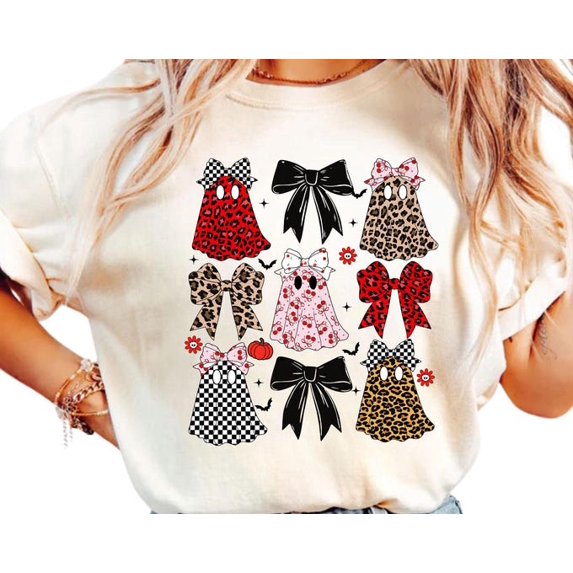 Leopard Checker Spooky Ghost Shirt, Neon T-Shirt, Cute Retro Ghost Tee ...