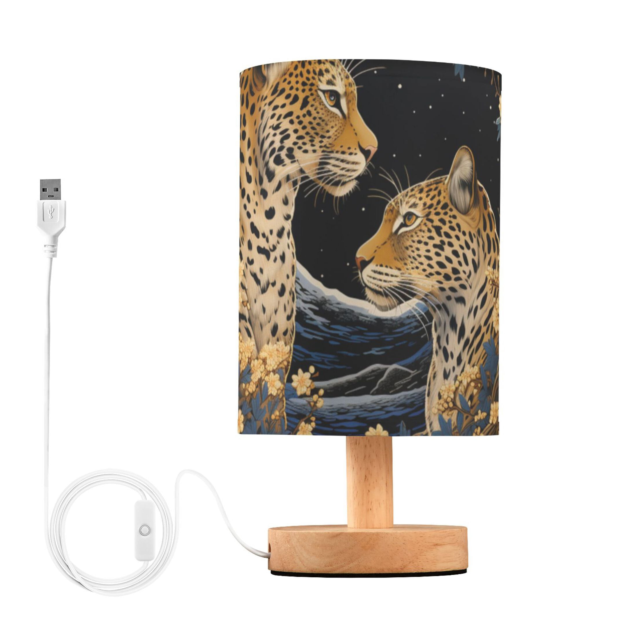 Leopard Cheetah Leaves Wood Table Lamp USB Bedside Desk Nightstand Lamp ...