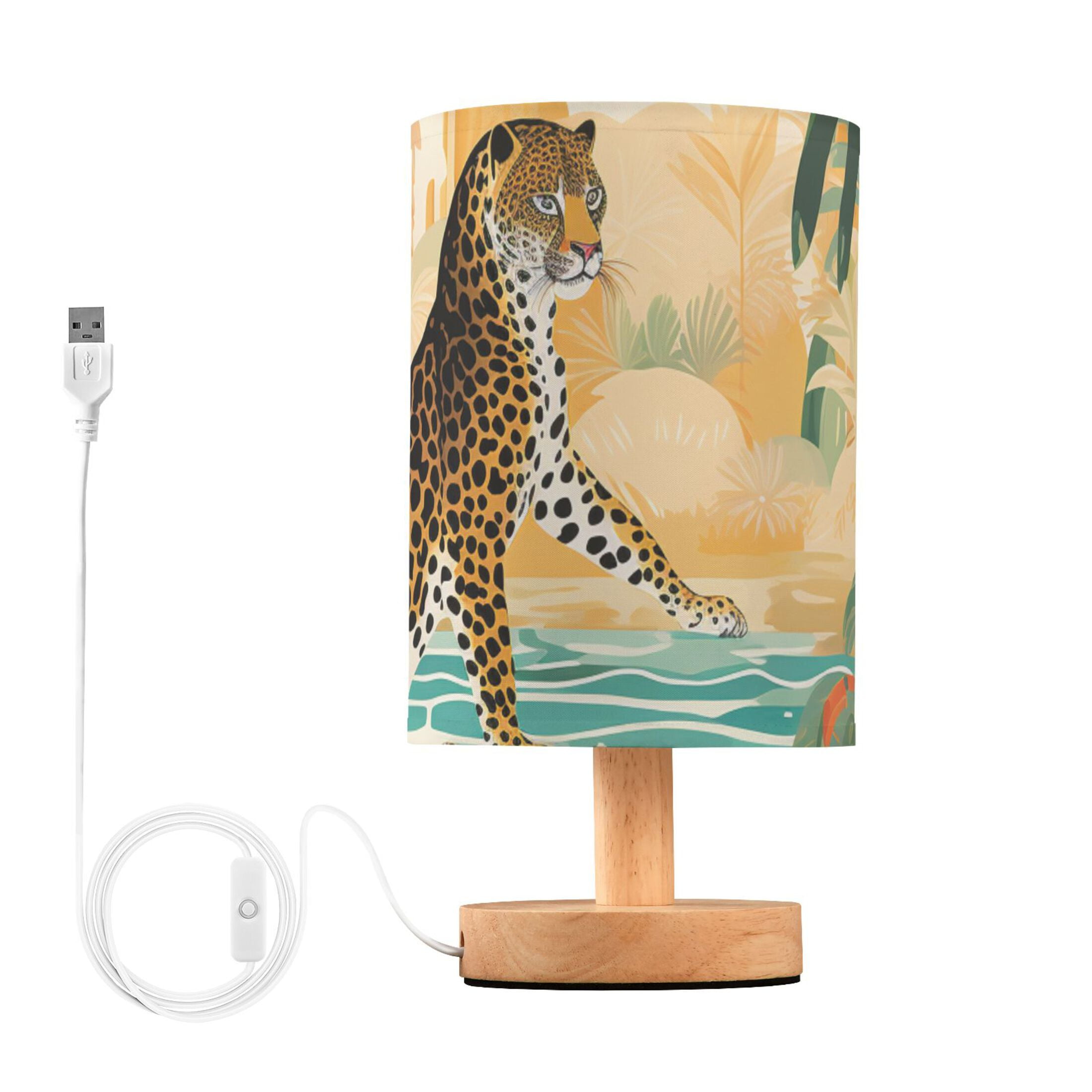 Leopard Cheetah Trees Lake Table Lamp USB Bedside Desk Nightstand Lamp ...
