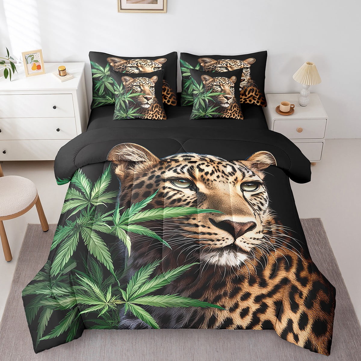 Leopard Comforter Set 7 Piece Bed in a Bag Queen,Green Marijuana Leaf ...