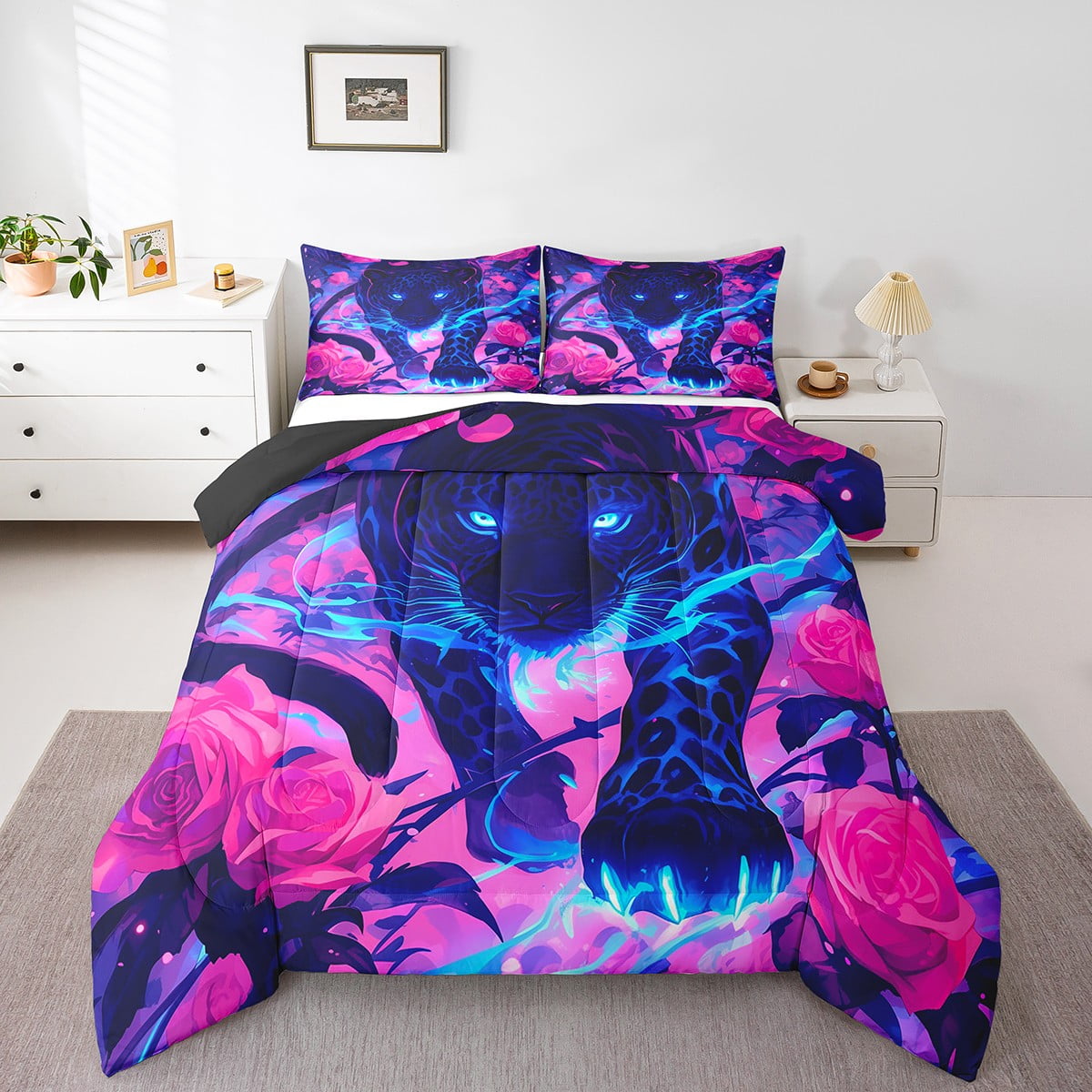 Leopard Comforter Set Pink Rose Flowers Twin Bedding Sets,Cheetah Print ...