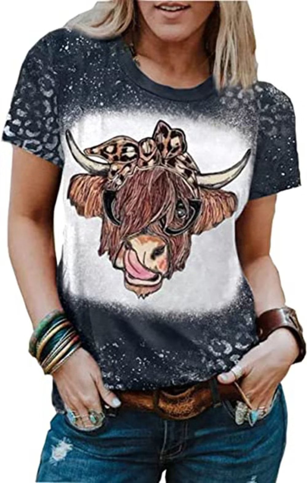 Women's Western Highland Cow Graphic Tee, Leopard Print, Casual Farm ...
