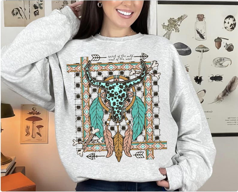 Leopard Cow Skull Sweatshirt– Edgy Western Cowgirl Tee with Turquoise ...