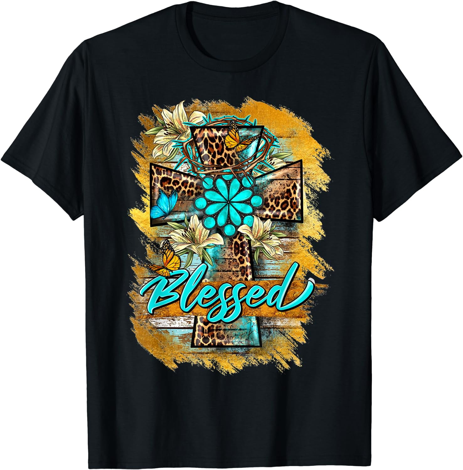 Leopard Cross With Turquoise Flowers Blessed Jesus Christian T-Shirt ...
