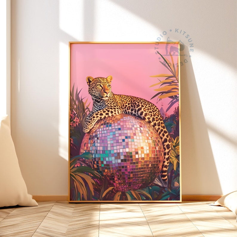 Leopard Disco Ball Poster, Jungle Cheetah Cat Wall Art, Maximalist Wall ...